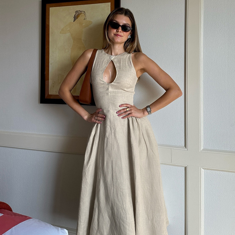 One-button MIDI dress hollowed out on the chest Products- Cheersdrop